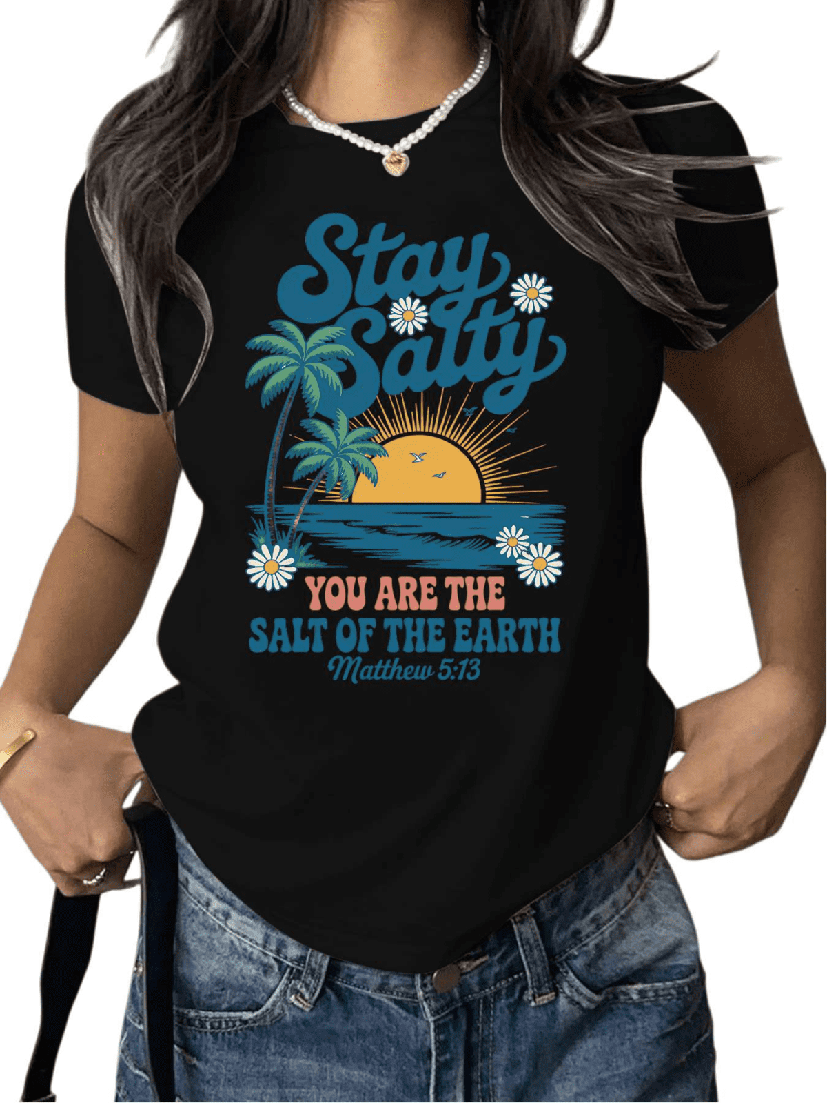 Black Print Tshirt Graphic Tees Shirts Retro Sunset Beach Stay Salty ...