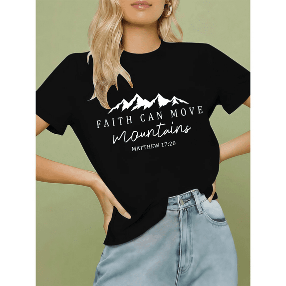 Black Print Tshirt Graphic Tees Shirts S-5XL Faith Can Move Mountains ...