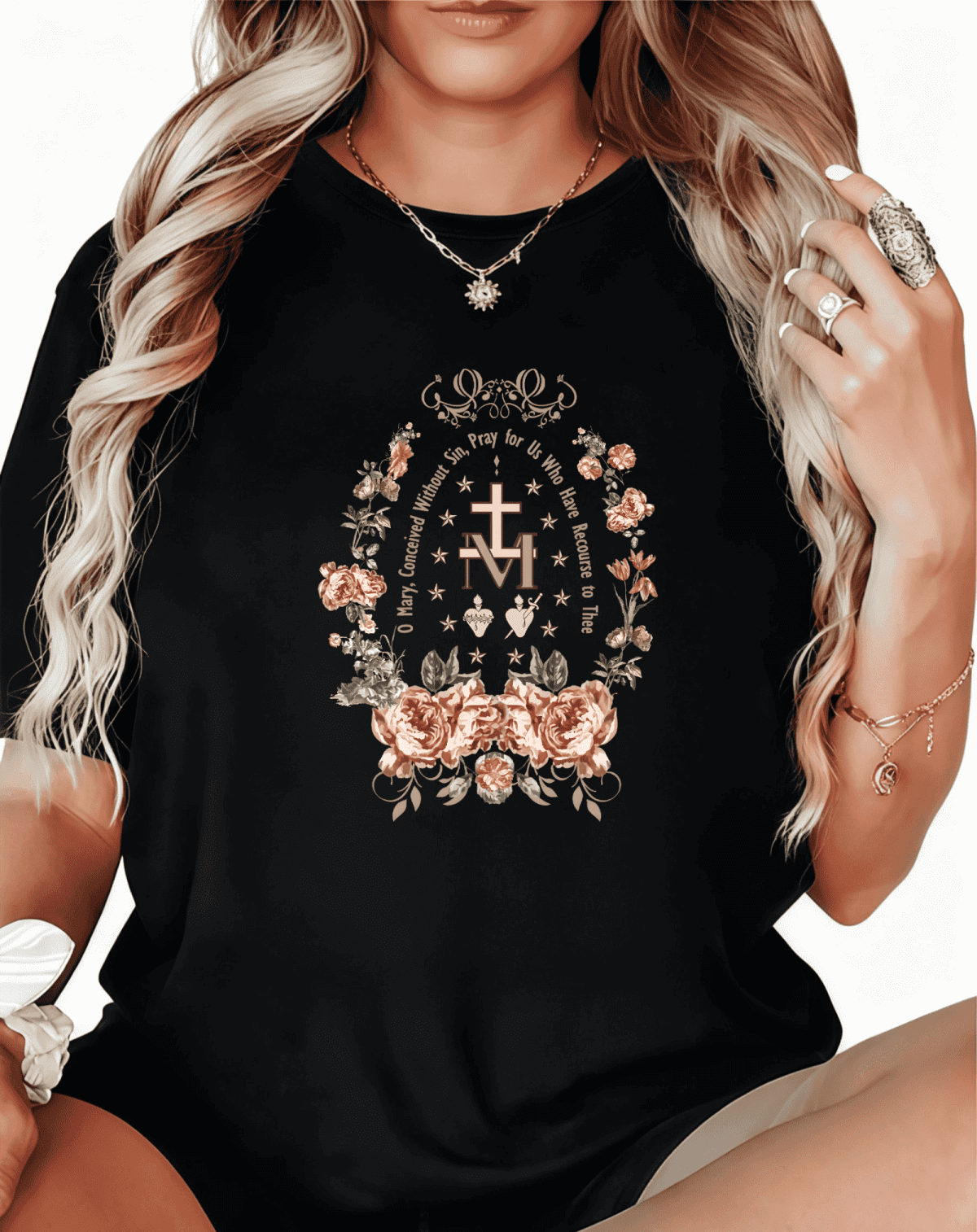 Black Print Tshirt Graphic Tees Shirts S-5XL Loose Catholic Mary Floral ...