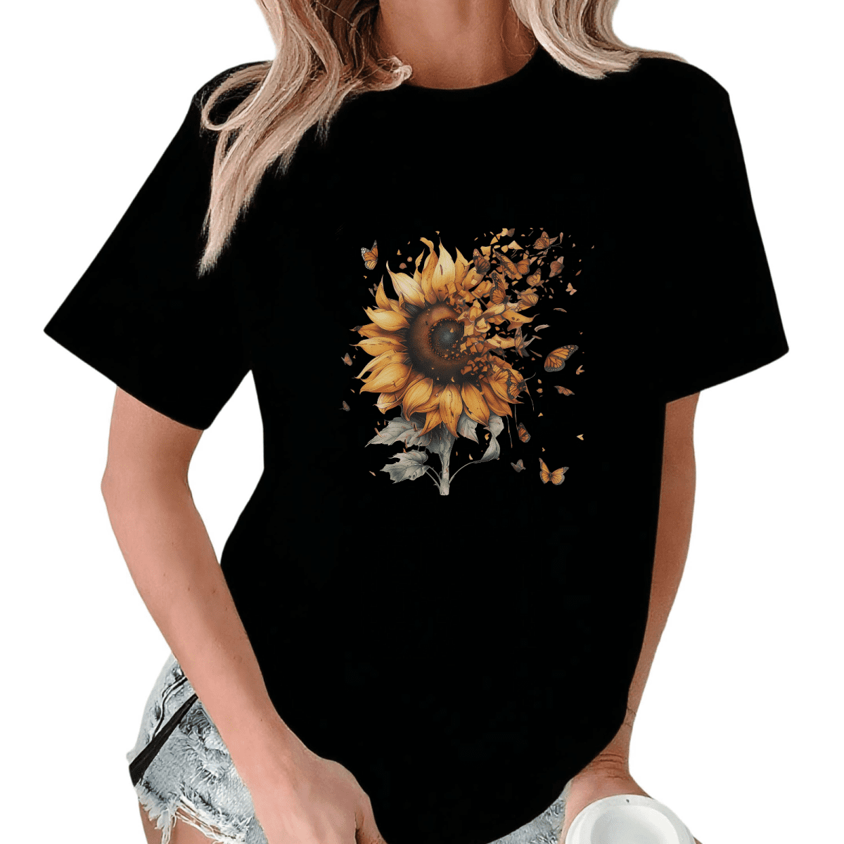 Black Print Tshirt Graphic Tees Shirts Sunflower Butterfly ...