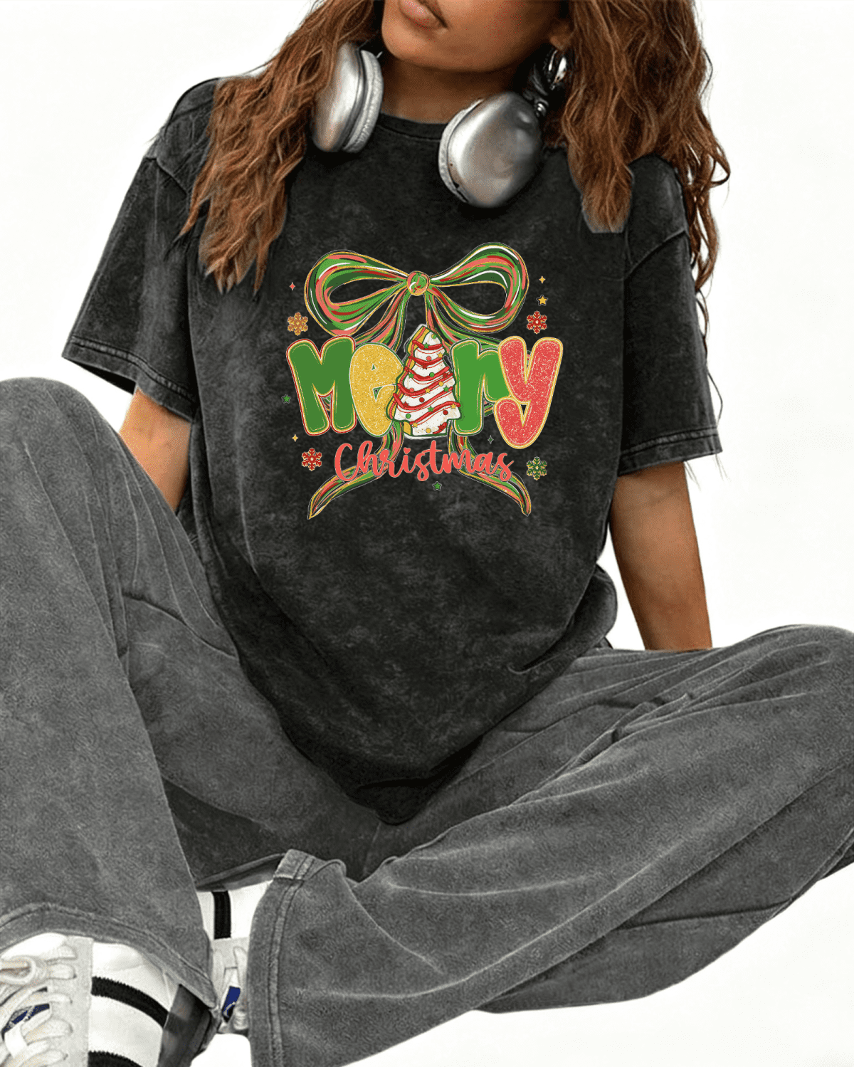 Black Print Tshirt Graphic Tees Shirts Washed Merry Bow Tree Christmas ...