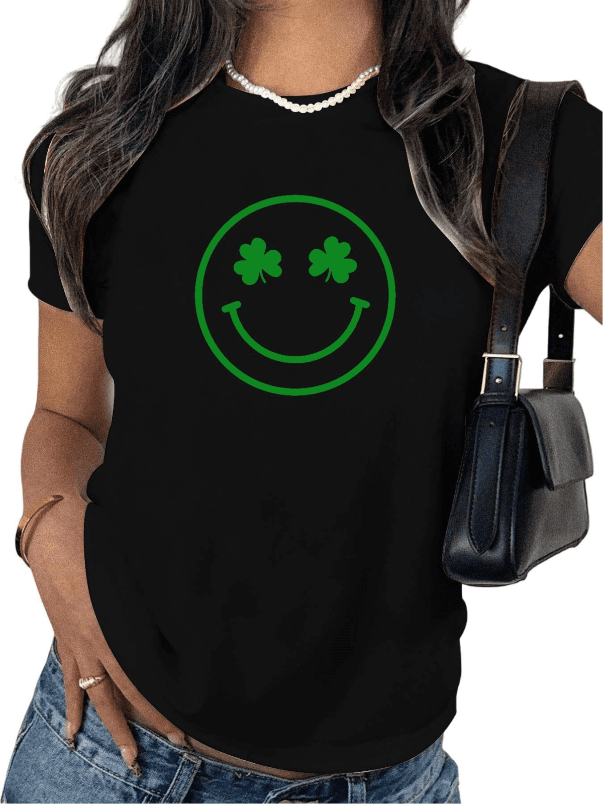 Black Print Tshirt Graphic Tees Shirts with Green Smiley Face Shamrock ...
