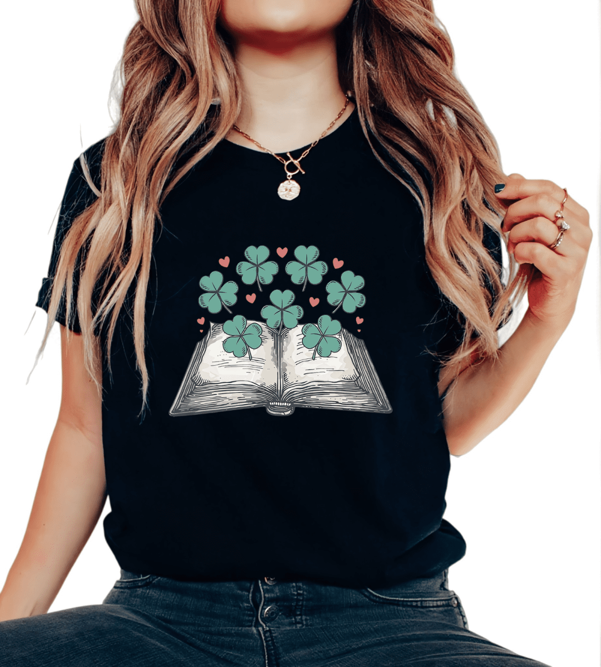 Black Print Tshirt Graphic Tees St Patricks Day Open Book Four Leaf ...