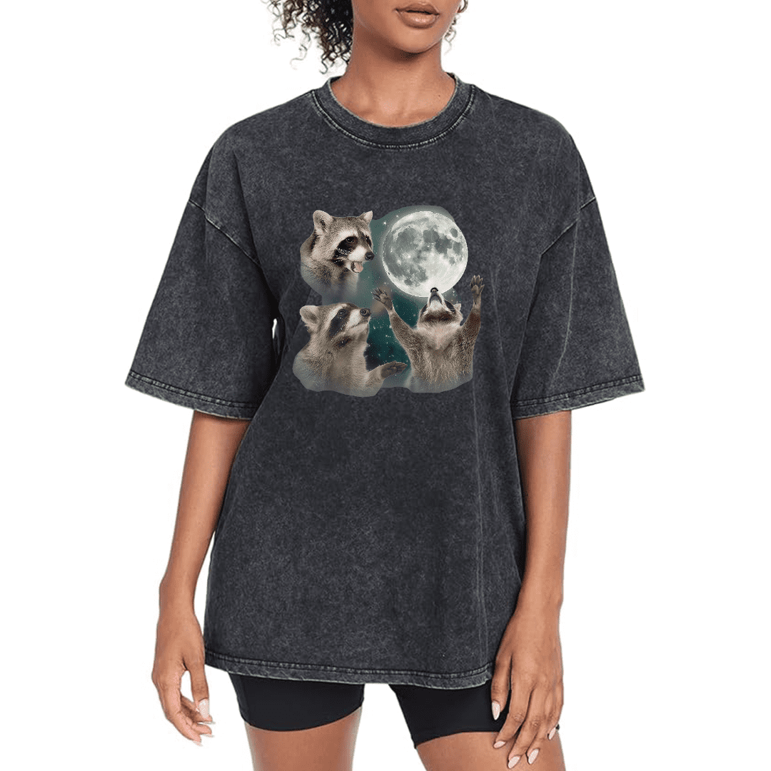 Black Print Tshirt Raccoon Moon Graphic Tees Casual Shirts for Women ...