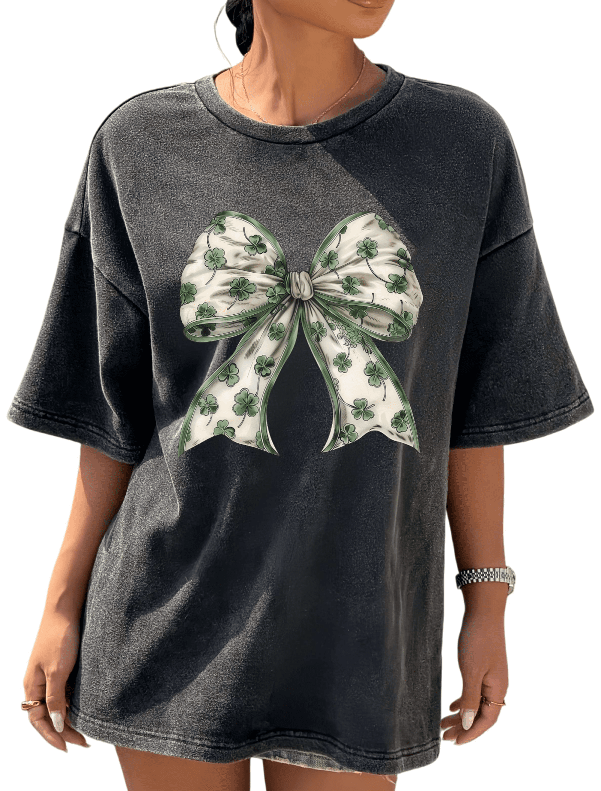 Black Print Tshirt St Patricks Day Graphic Tees Four Leaf Clover Full ...