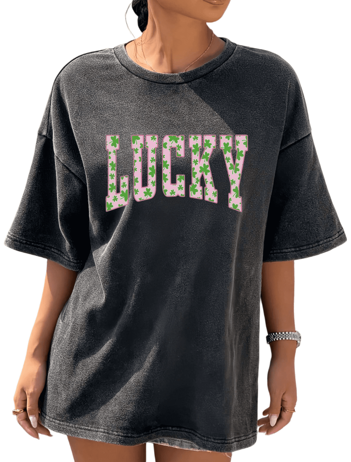 Black Print Tshirt St Patricks Day Graphic Tees Lucky Letter Four Leaf ...