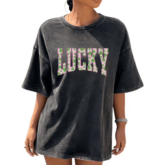 Black Print Tshirt St Patricks Day Graphic Tees Lucky Letter Four Leaf ...
