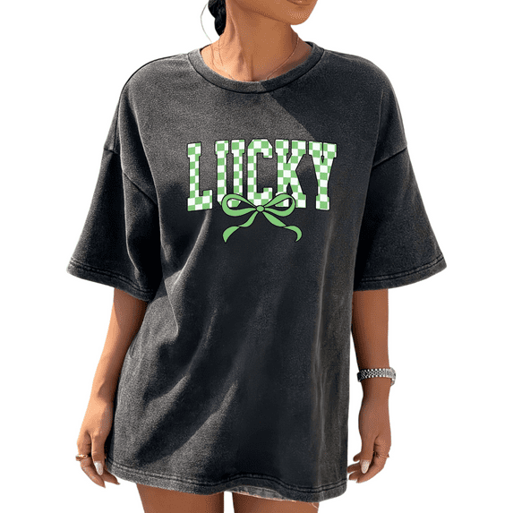 Black Print Tshirt St Patricks Day Graphic Tees Plaid Lucky Letter Bow ...
