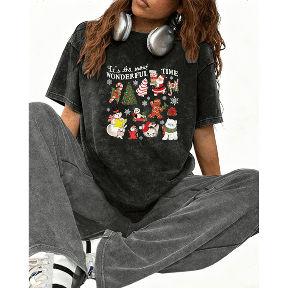 Black Print Tshirt crafted with Most Wonderful Time Christmas Animals ...