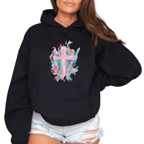 Black Print hoodie Graphic Sweatshirt Bright Pink Blue Floral Cross ...