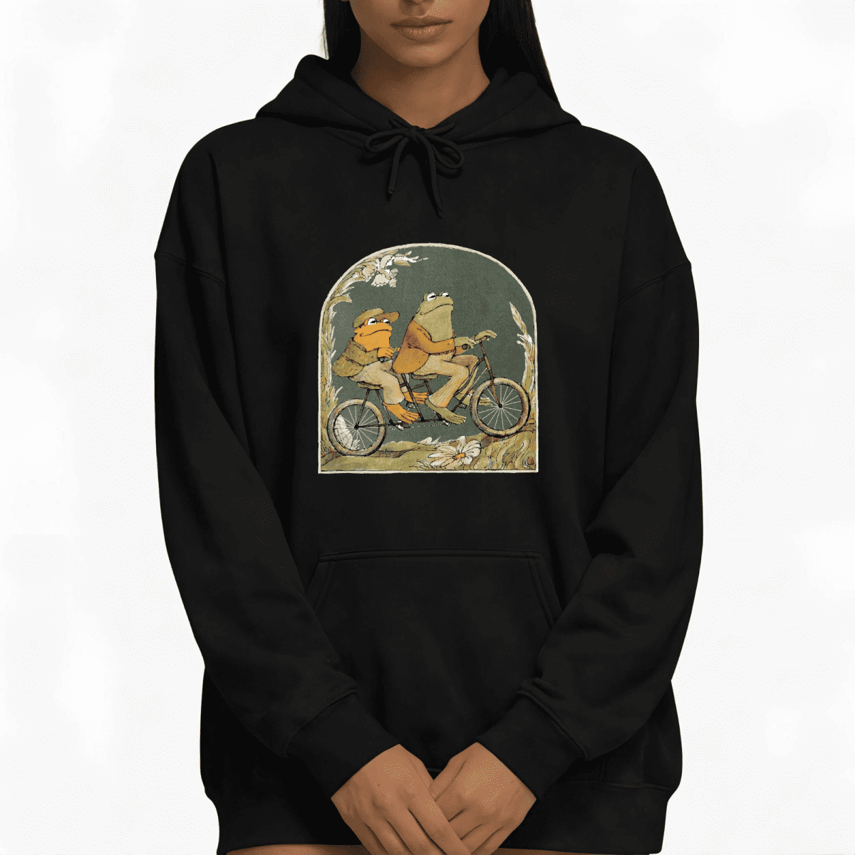 Black Print hoodie Graphic Sweatshirt Frog And Toad Bicycle Whimsical ...