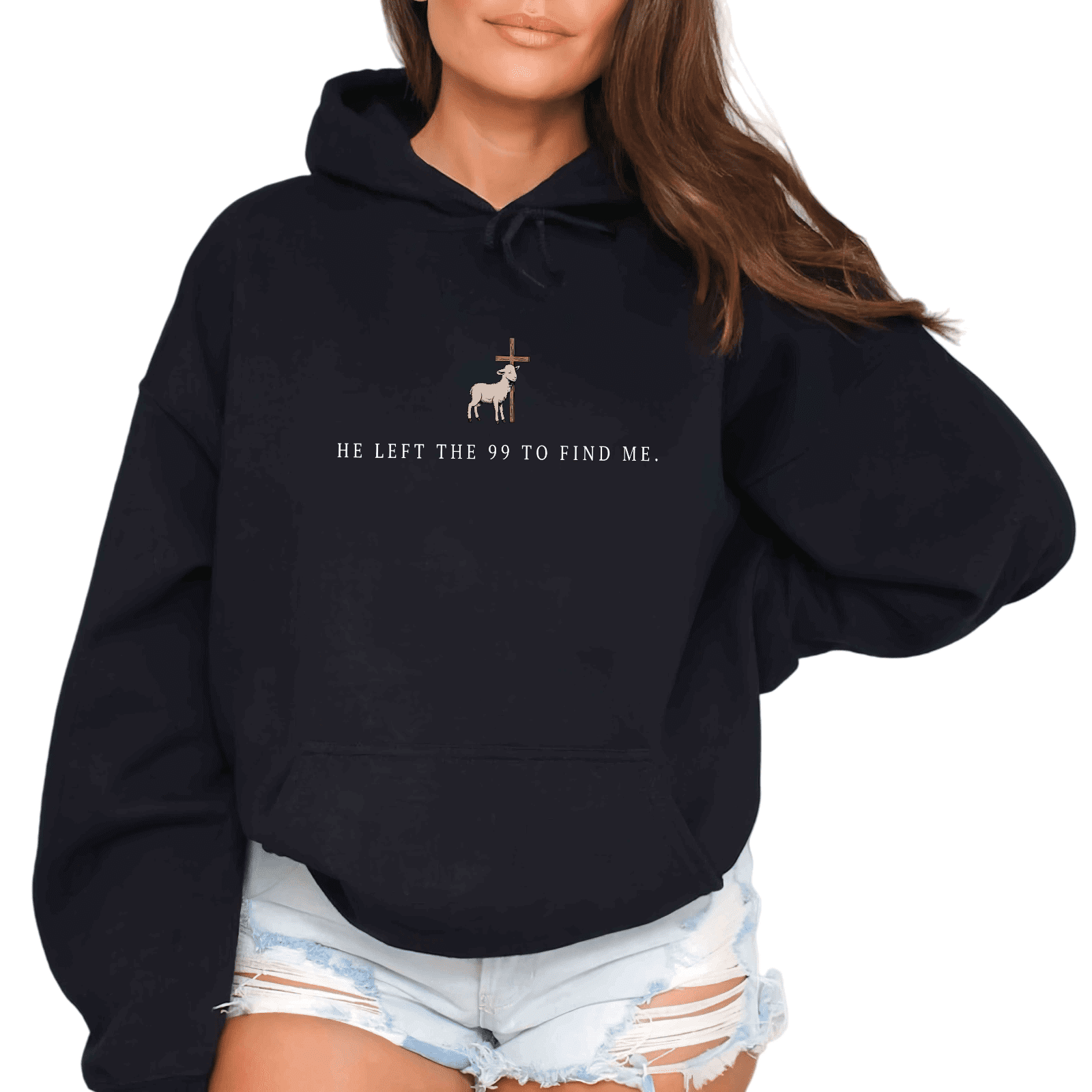 Black Print hoodie Graphic Sweatshirt Lively White Lamb Cross HE LEFT ...