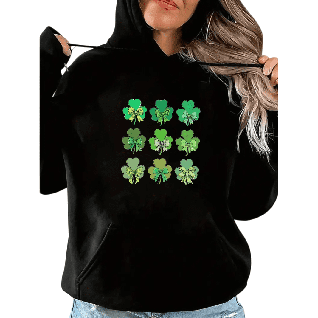 Black Print hoodie Graphic Sweatshirt S-2XL Green Bow Shamrock Grid St ...