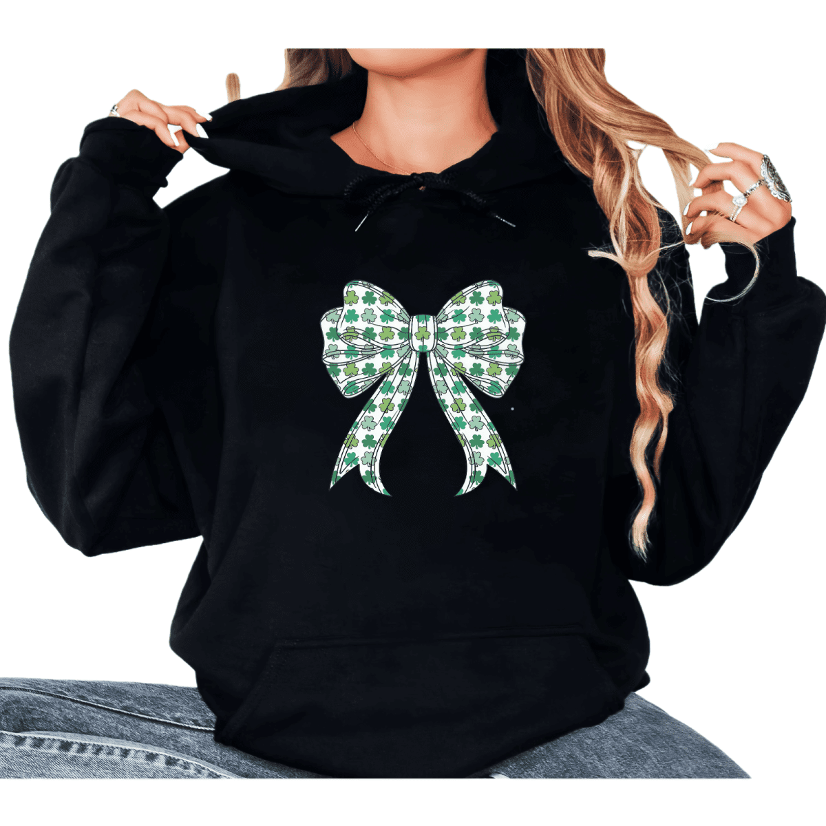 Black Print hoodie Graphic Sweatshirt S-2XL Green Clover Bow Pattern St ...