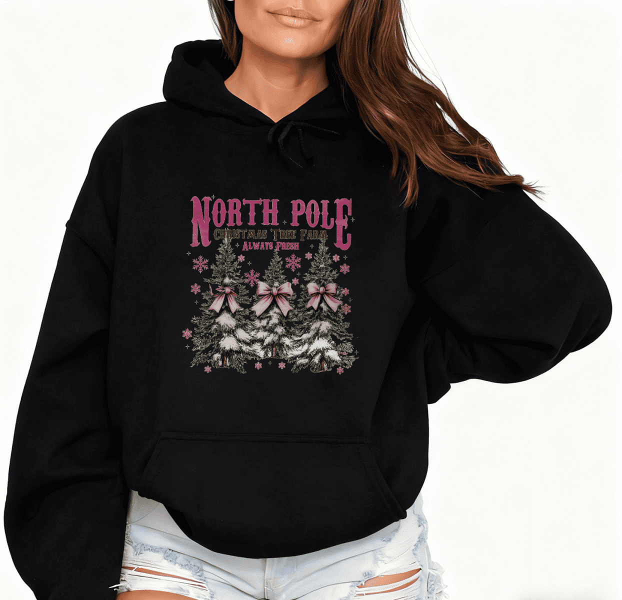 Black Print hoodie Retro North Pole Tree Farm Christmas Graphic ...
