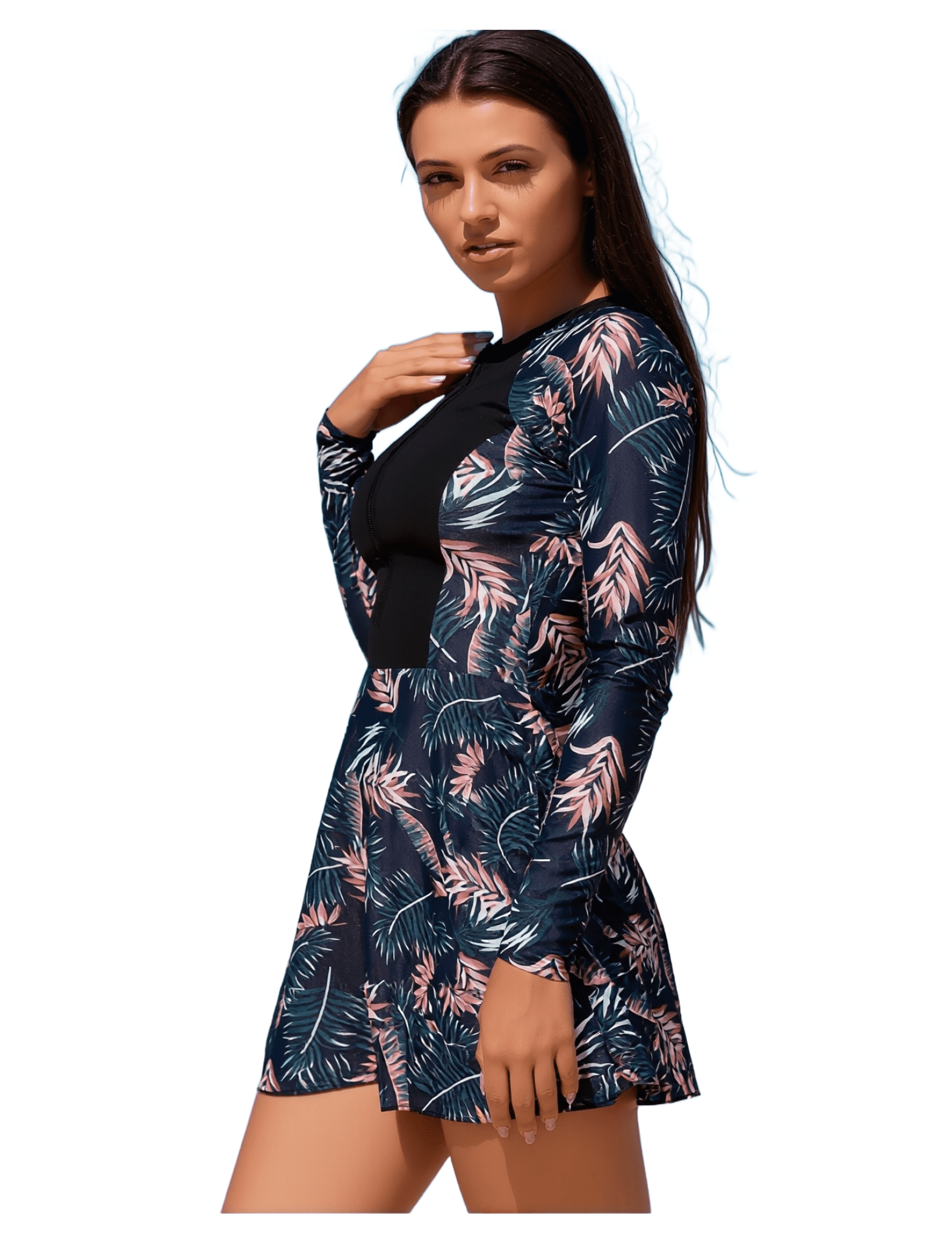 Black Printed Zipper Front Tankini 2 Piece Swimsuit with Sun Protection ...