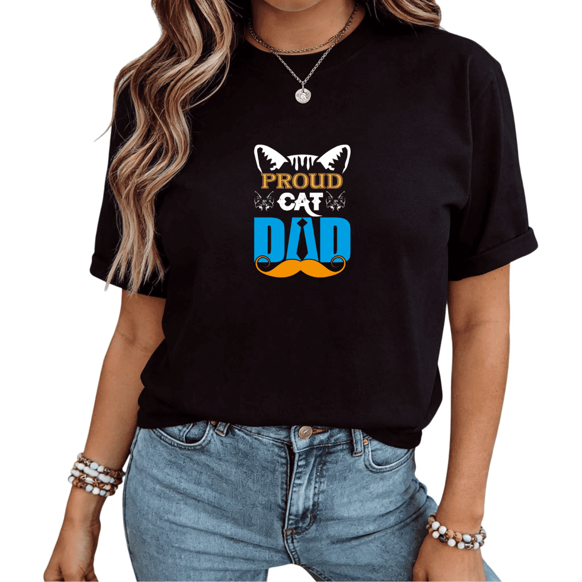Black Proud Cat Dad Cat Ear Mustache Tie Print Tshirt Graphic Tees ...