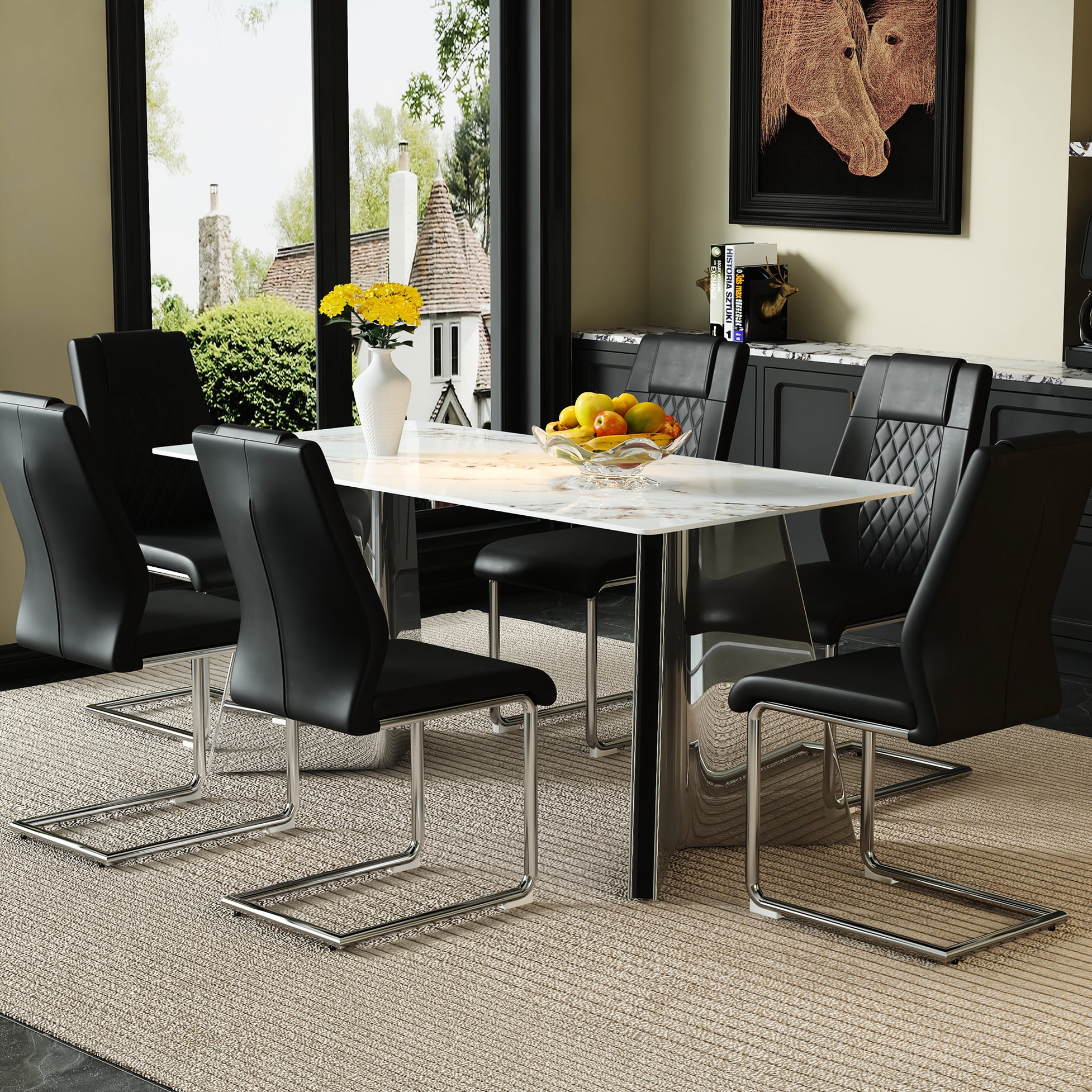 Black Pu Chair And Sintered Stone Table For 6 - Grid Pattern , Sponge ...