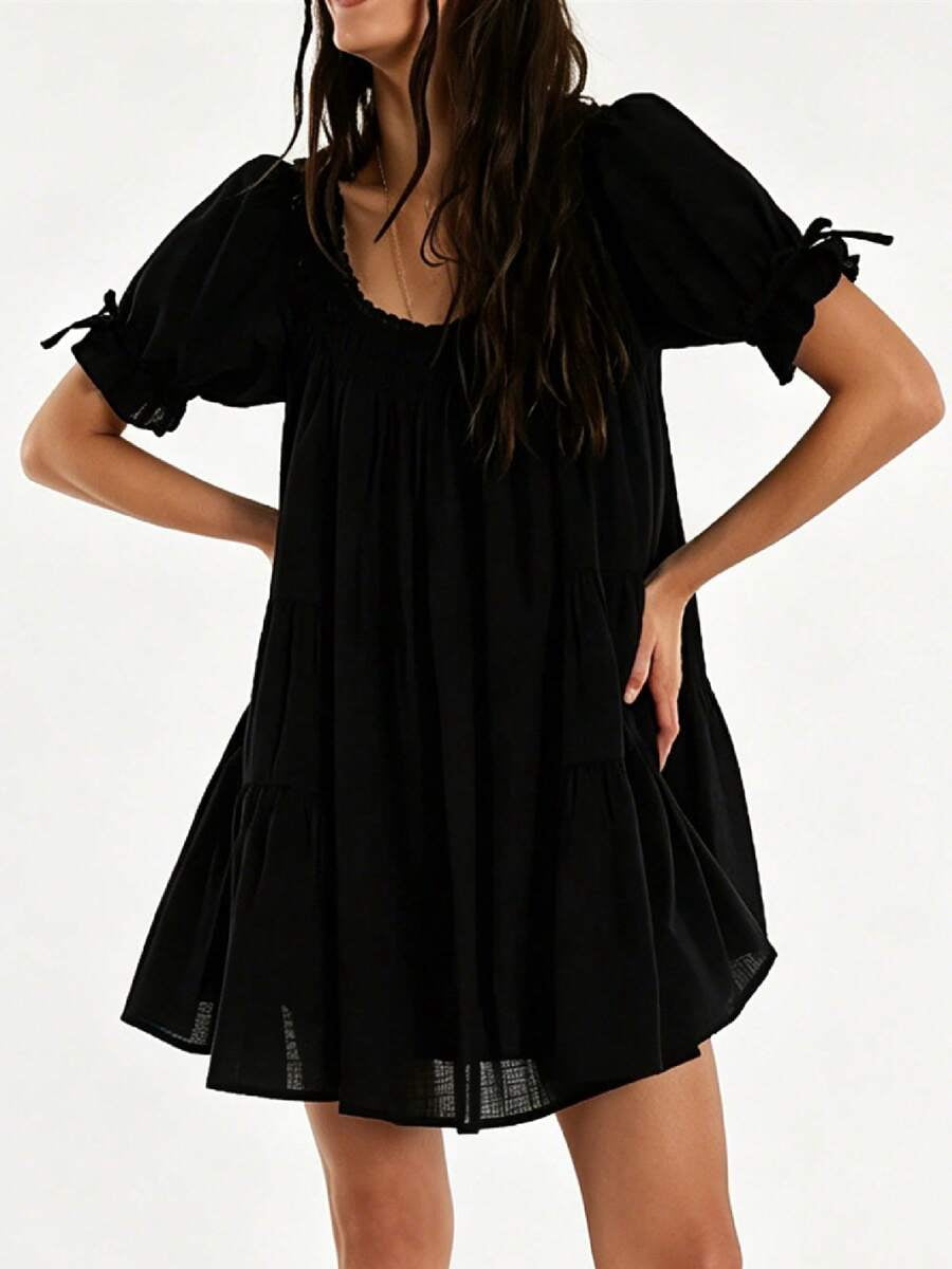 Black Puff Sleeve Babydoll Mini Dress With Lace Trim Ruffle Detail ...