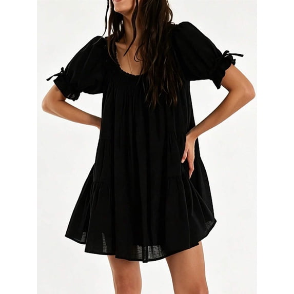 Black Puff Sleeve Babydoll Mini Dress With Lace Trim Ruffle Detail ...