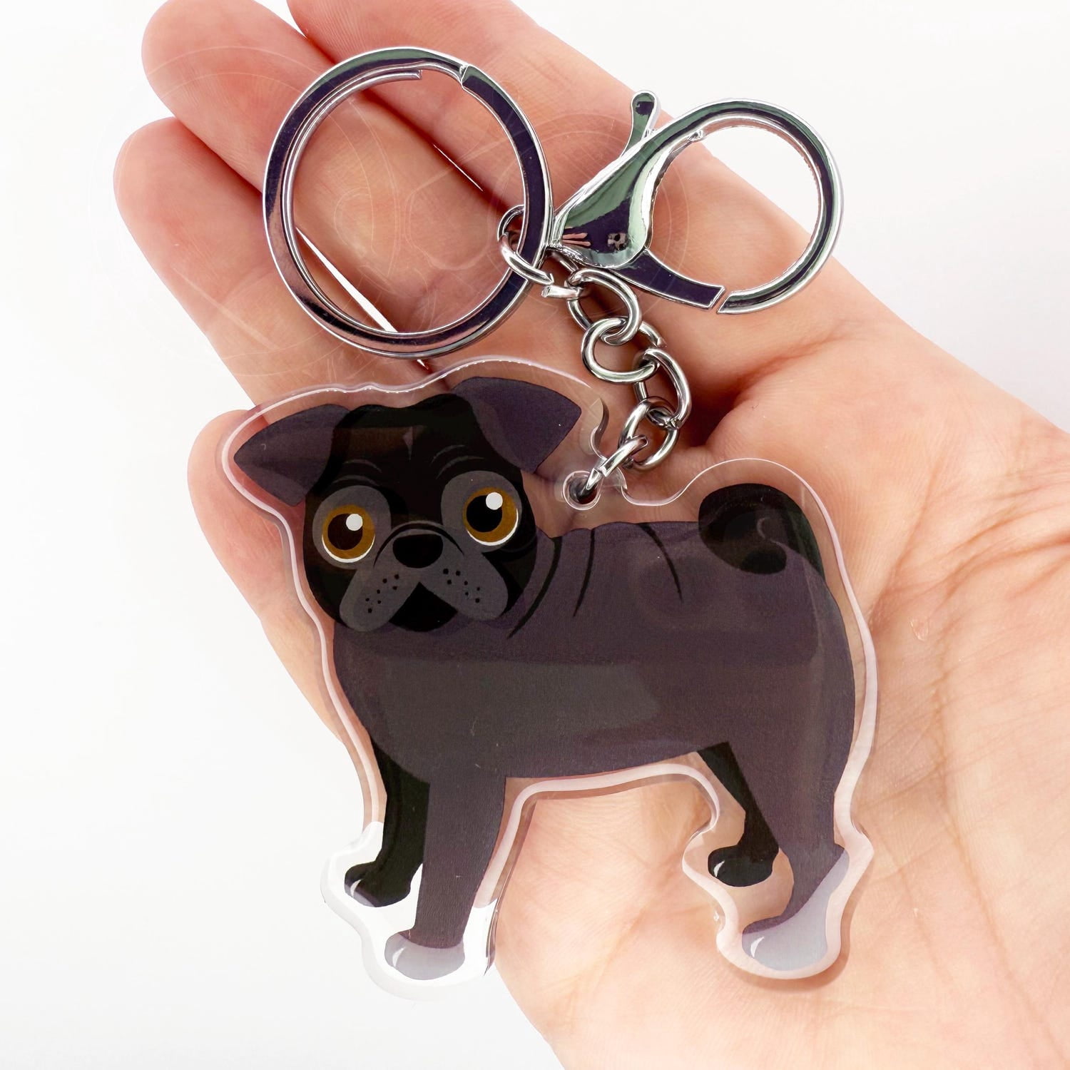 Black Pug Keychain: Double-Sided Acrylic Charm, Silver Key Ring (1 ...