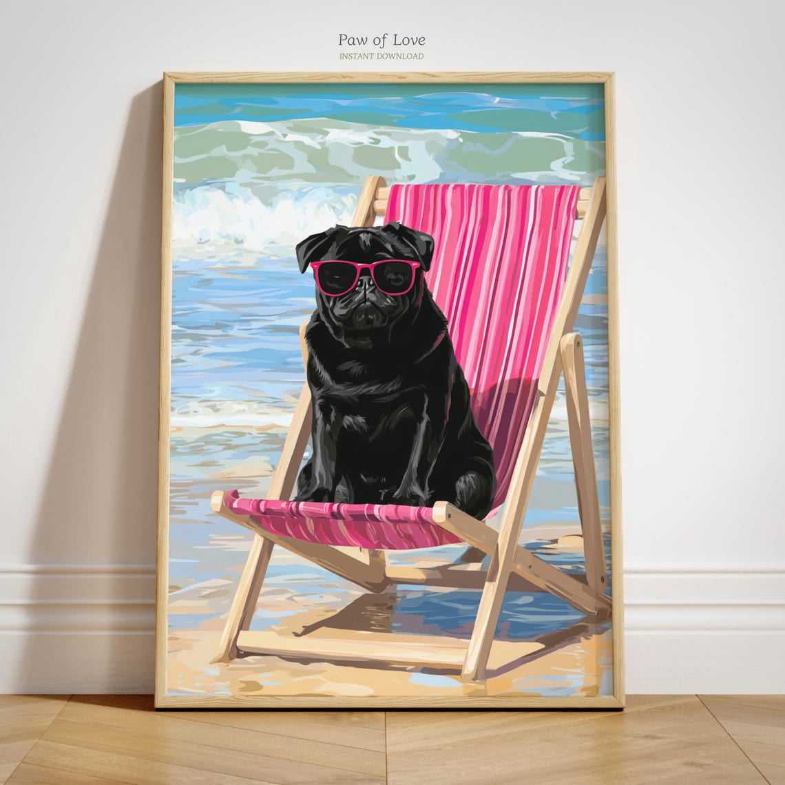 Black Pug Print, Colorful Summer painting, Pug Dog Coastal Wall Art ...