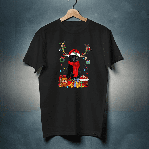 Black Pug Reindeer Lights Funny Holiday Christmas Pet Lover Humor ...
