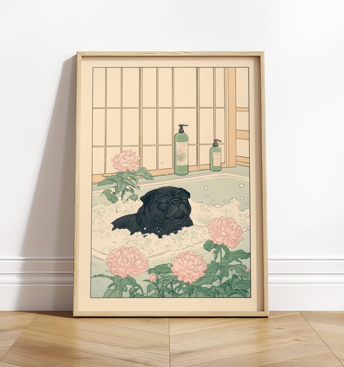 Black Pug Taking A Bath, Cute Japanese Bathroom Wall Art, Kawaii Dog Print, Japandi Ukiyo-E ...
