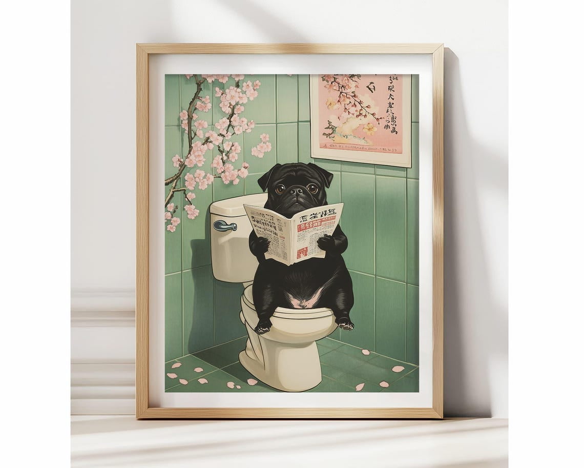 Black Pug On Toilet Poster Funny Bathroom Print Dog Pooping Funny ...