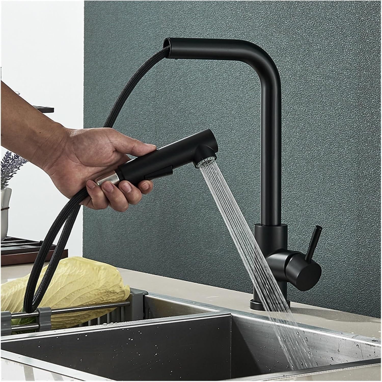 Black Pullout Kitchen Sink Faucet Countertop Mount Stream Sprayer ...
