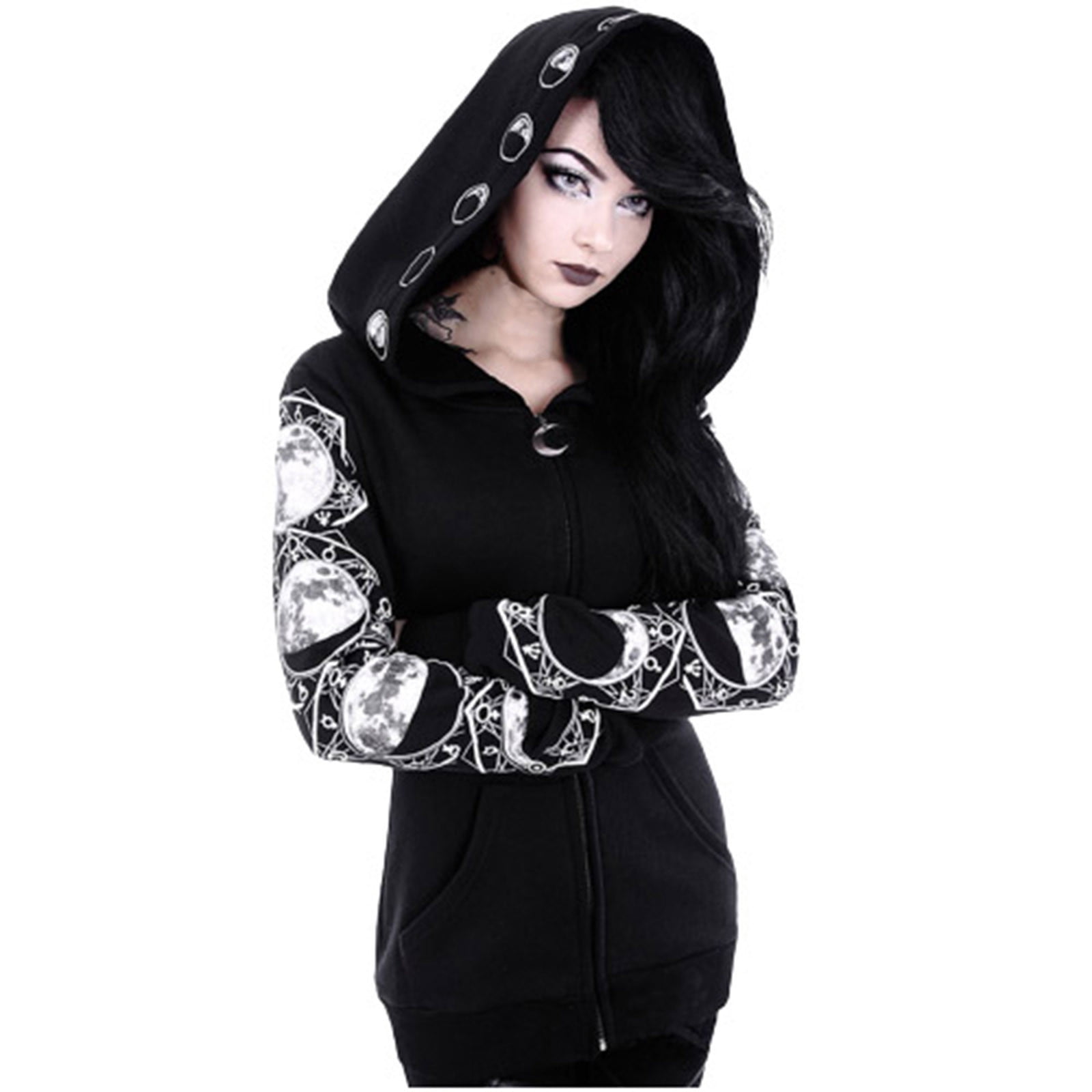 Black Punk Gothic Hoodie Women Long Sleeve Zip Up Hoodie Moon Jacket ...