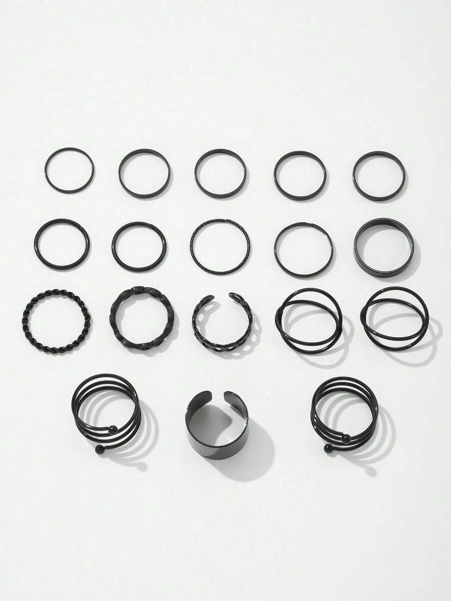 Black Punk Grunge Minimalist Alloy Ring Set 18 Pieces, Gothic Style ...