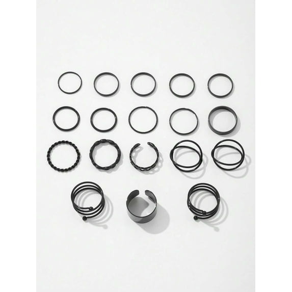 Black Punk Grunge Minimalist Alloy Ring Set 18 Pieces, Gothic Style ...
