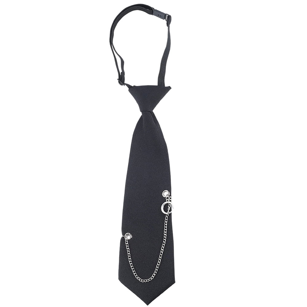 Black Punk Style Tie Adjustable Pre Tied Soft Silk Necktie with Silver ...