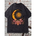 Black Pure Cotton T-Shirt With Retro Moon Sun And Floral Print ...