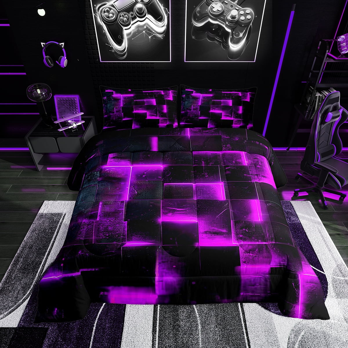 Black Purple Abstract Comforter Twin Gradient Square Twin Bedding Set ...