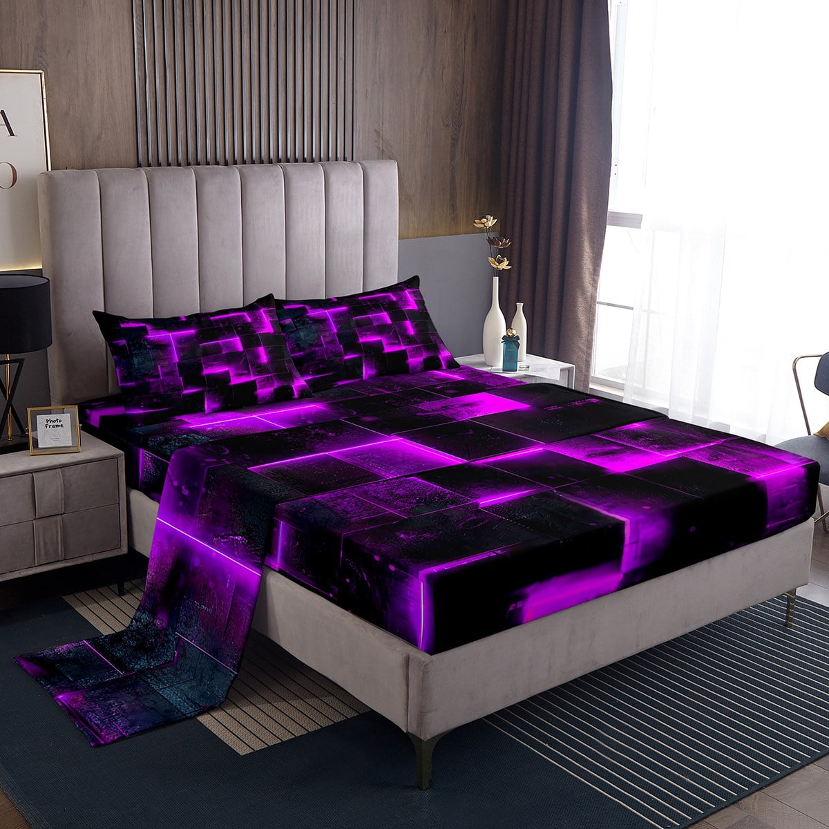 Black Purple Abstract Twin Sheets Gradient Square Bed Set, Geometry ...