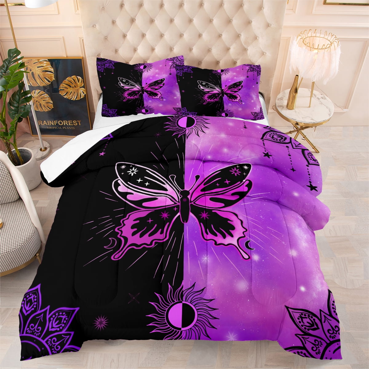 Black Purple Butterfly Comforter Set Queen Size with 1 Comforter and 2 ...