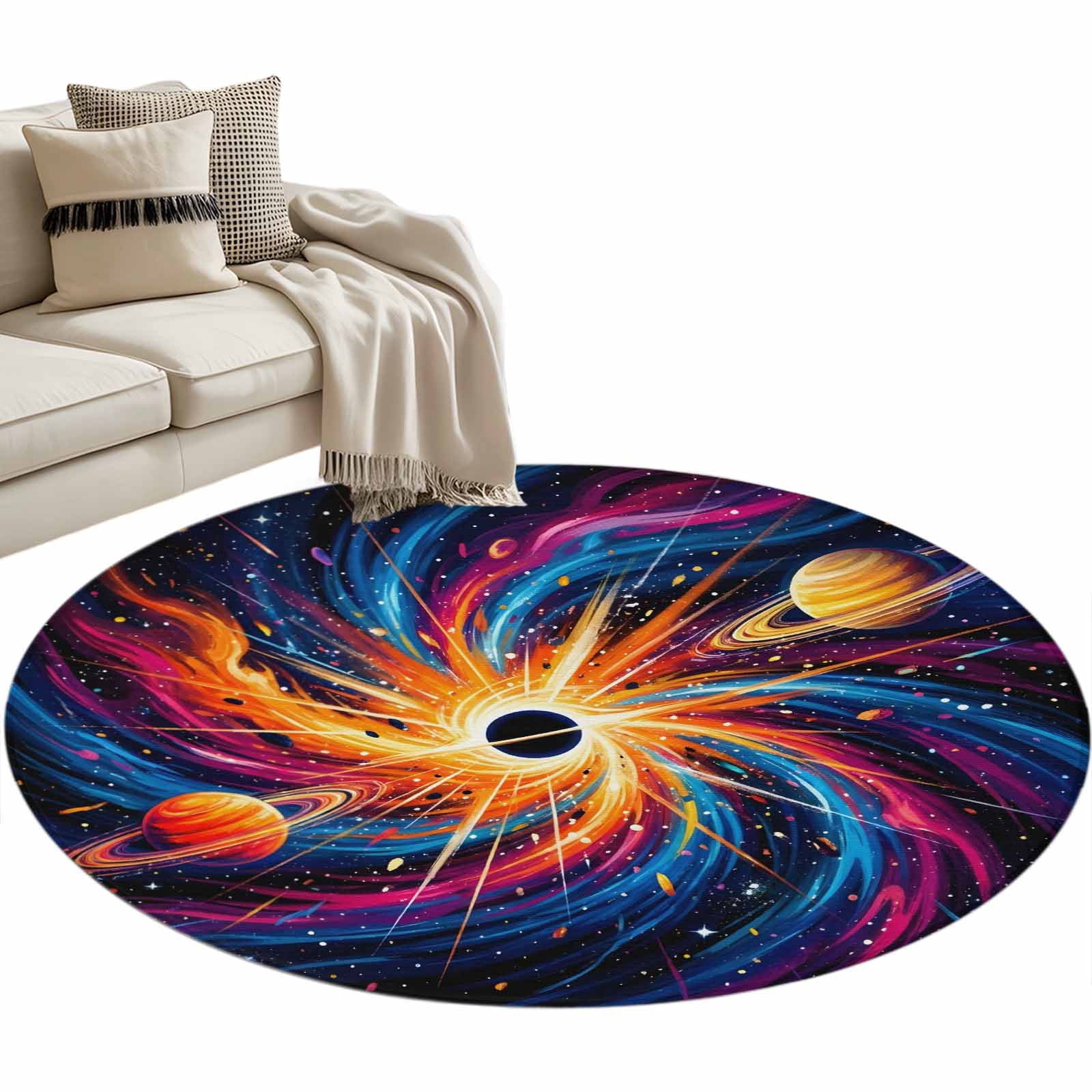 Black Purple Cosmos Round Rug 4ft Washable Circle Entryway Rugs Non ...