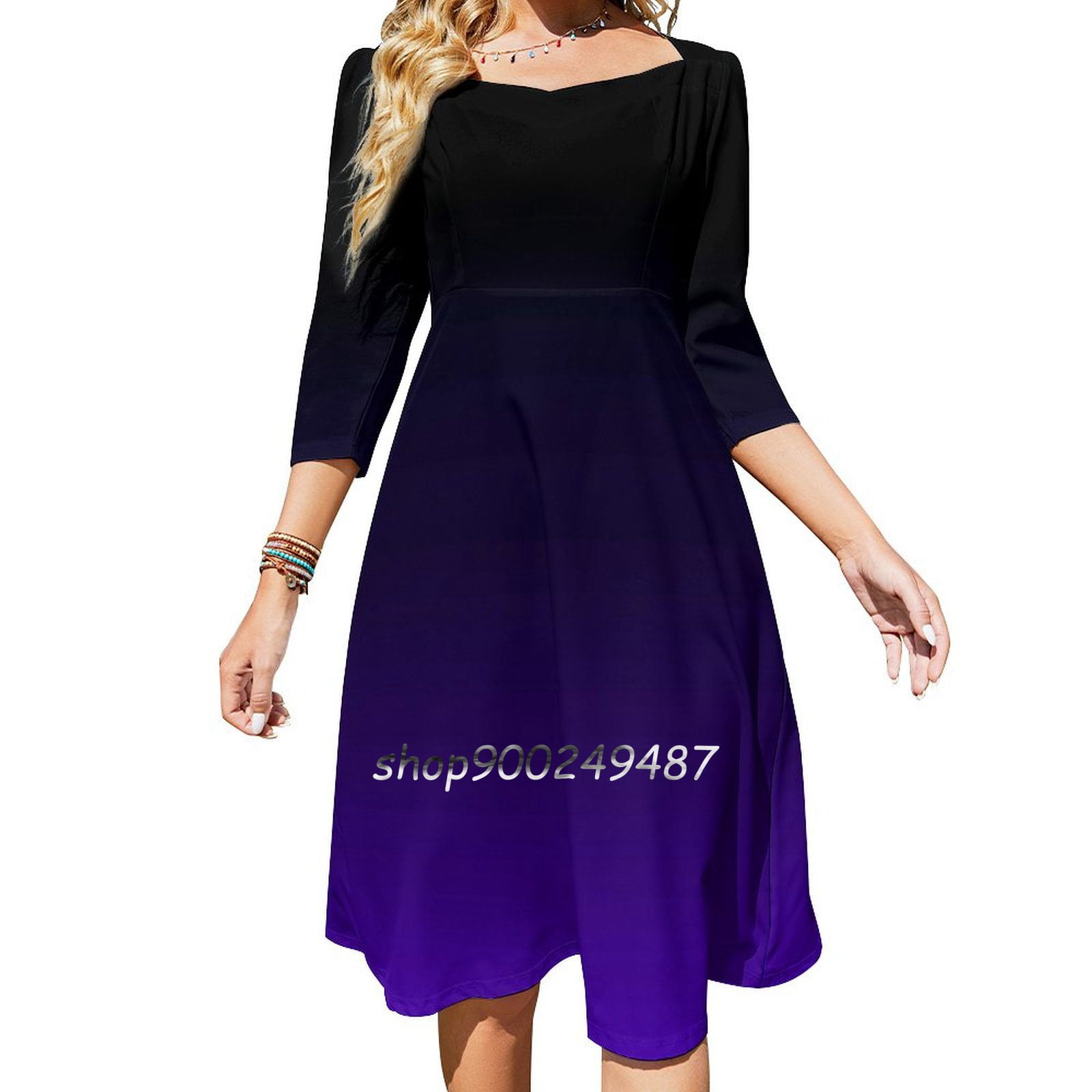 Black / Purple Gradient Square Neck Dress Sweet Summer Dress Women ...