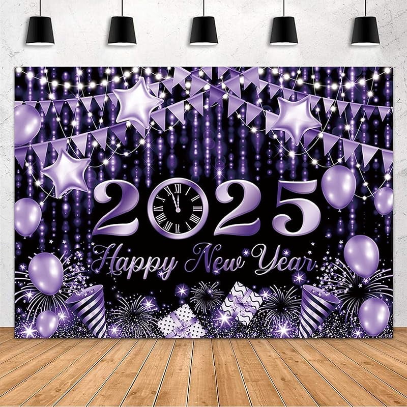 Black and Purple Happy New Year Backdrop Countdown Party Hello 2025 ...