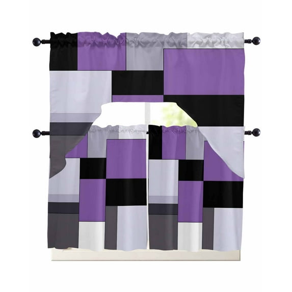 Black Purple Patchwork Swag Valance and Tier Curtains Set Abstract ...