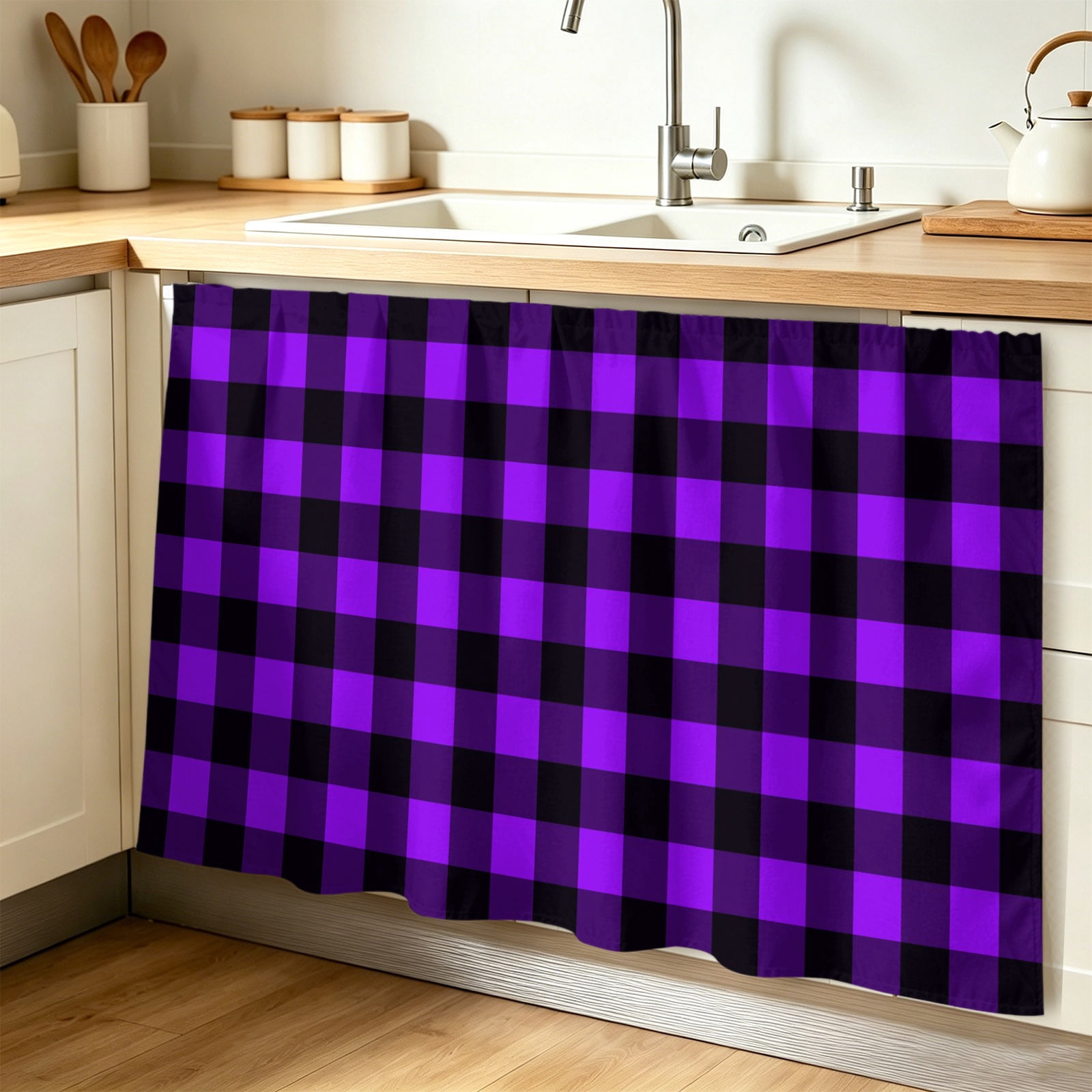 Black Purple Plaid Cabinet Curtains for Shelves, Farmhouse Simple ...