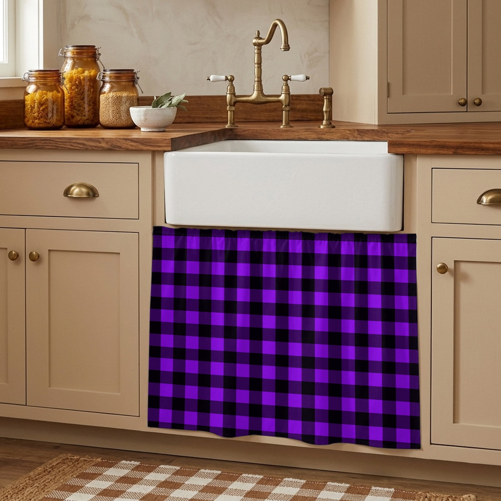 Black Purple Plaid Small Cabinet Curtains 10.8"W x 13.4"L, Farmhouse ...