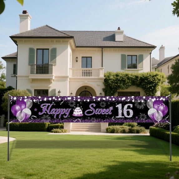 Black Purple Sweet 16 Birthday Banner Happy 16th Birthday yard Banner ...