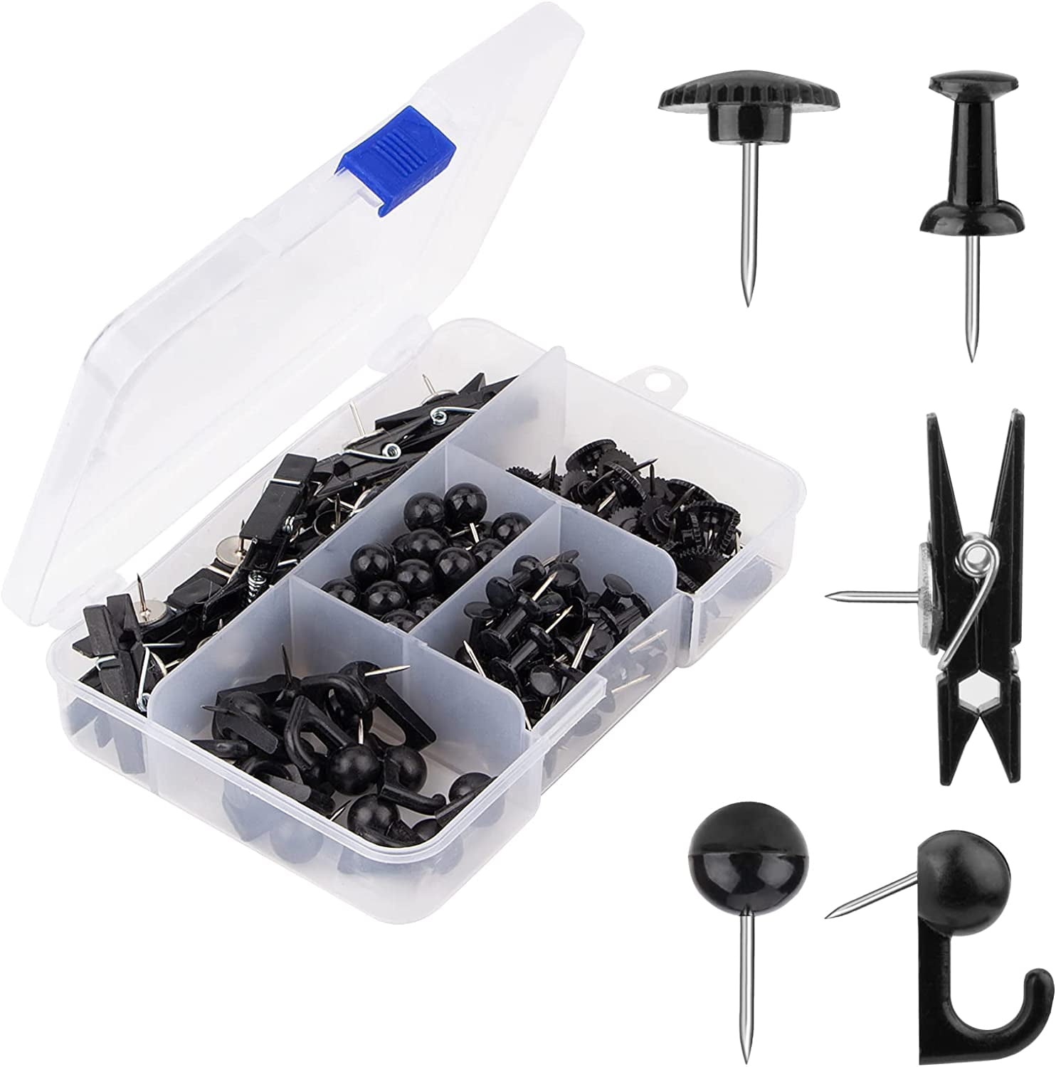 Black Push Pins Set, 5 Styles 140-count Thumb Tacks Map Pins, Steel Point and Dark Plastic Head ...