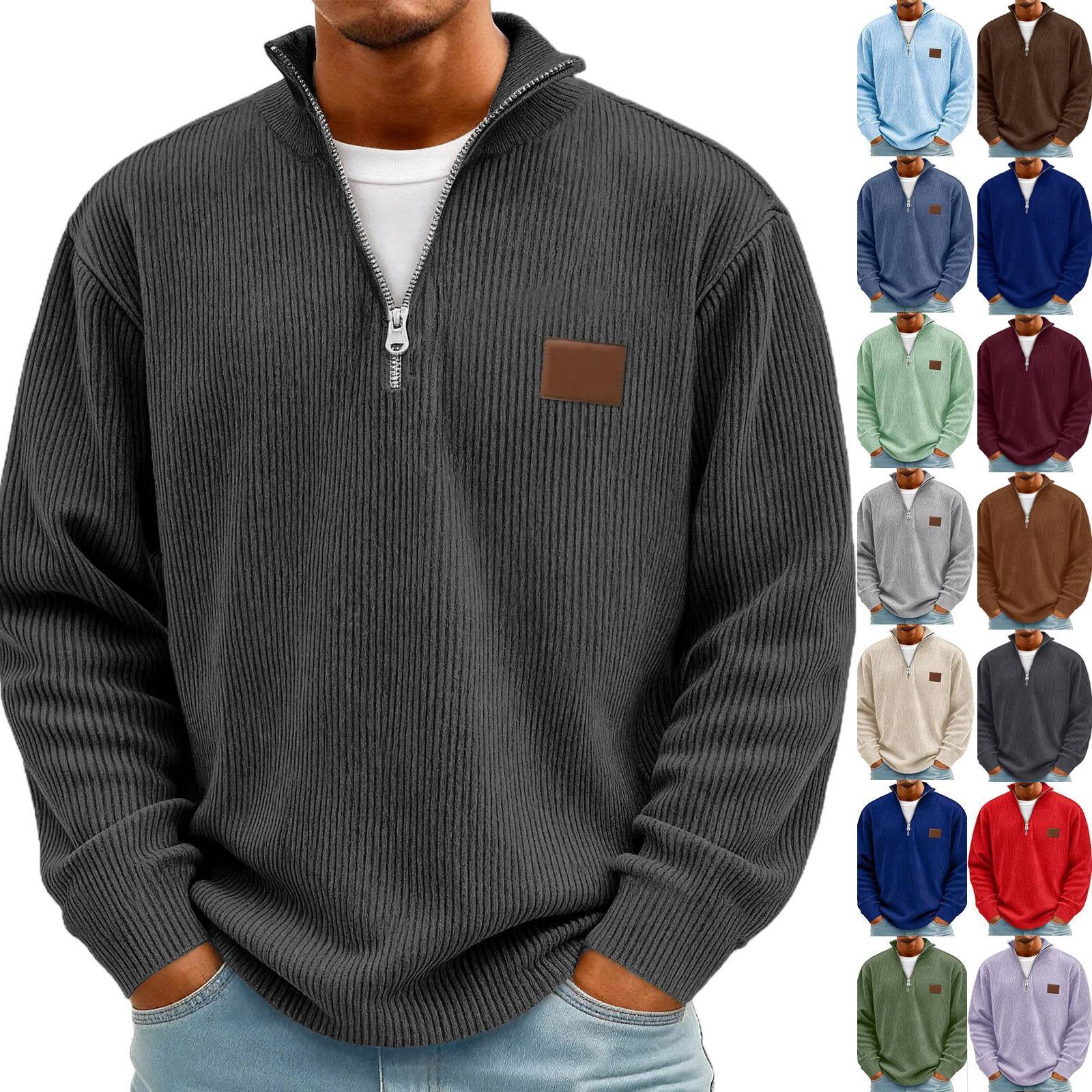 Black Quarter Zip Mens Sweater Corduroy Stand Collar Tops Big and Tall ...