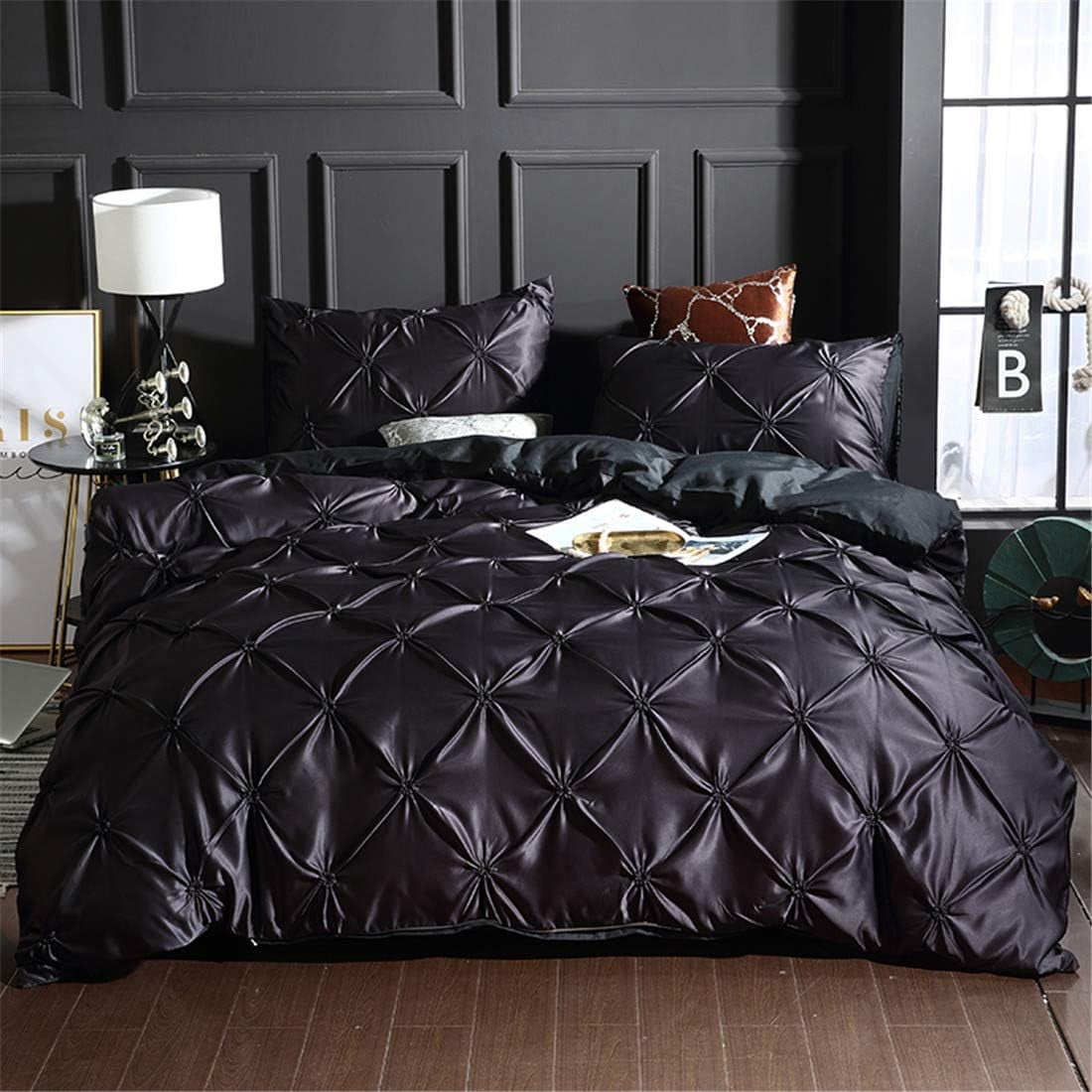 Black Queen Size Pinch Pleated Duvet Cover Set Silk Like Satin Pintuck ...
