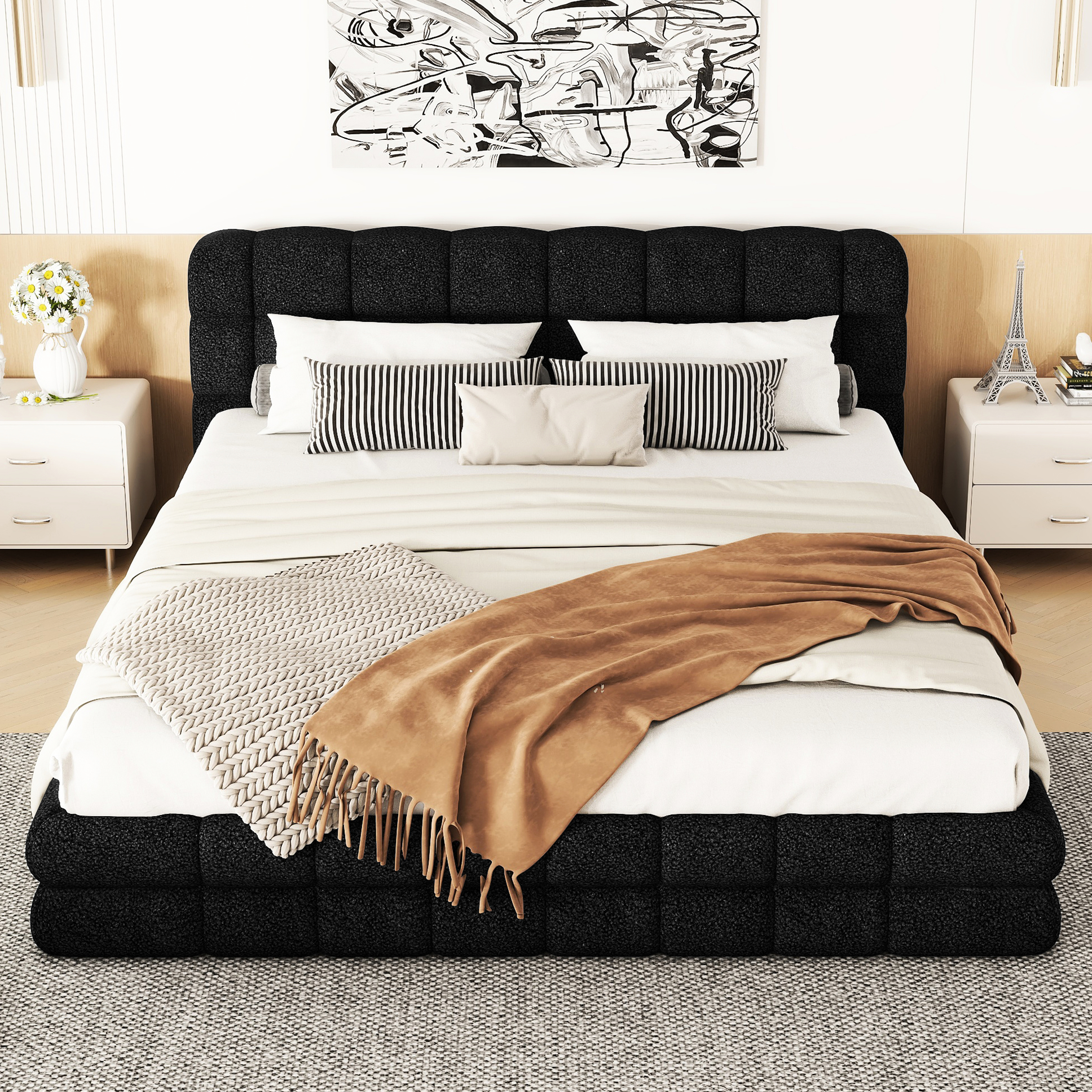 Black Queen Upholstered Bed - Construction With Comfortable Padding ...