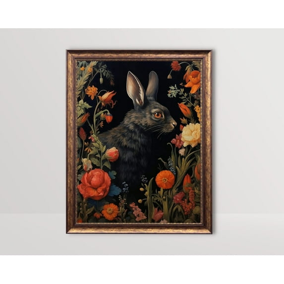 Black Rabbit, Dark Botanical Gothic Cottagecore Art, Moody Floral, Goth ...